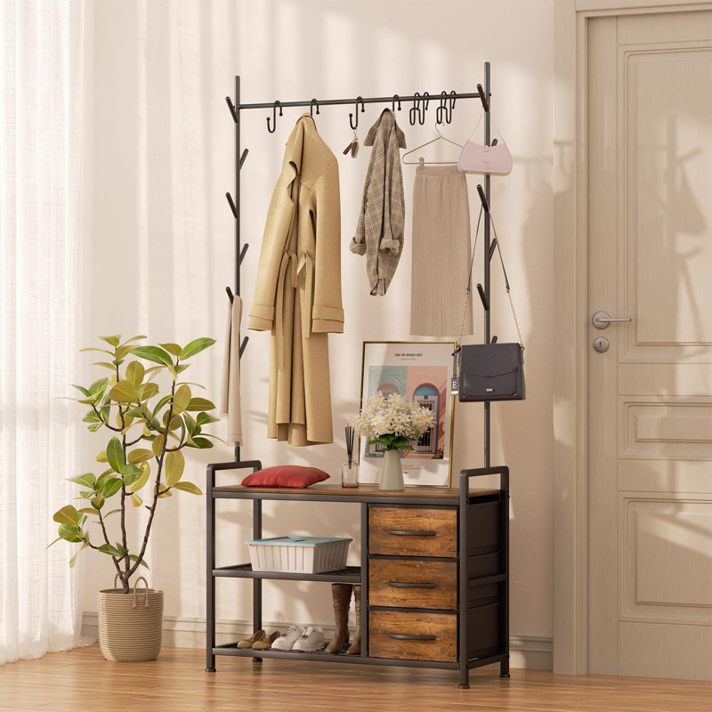 Coat Rack Tree Shoe Bench Hall Tree for Entryway with Drawer Cubby Storage Bench